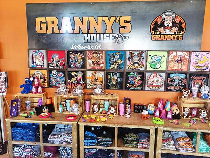 The merchandise corner proves that Granny's isn't just a restaurant—it's a lifestyle brand with enough Oklahoma pride to fill Boone Pickens Stadium.