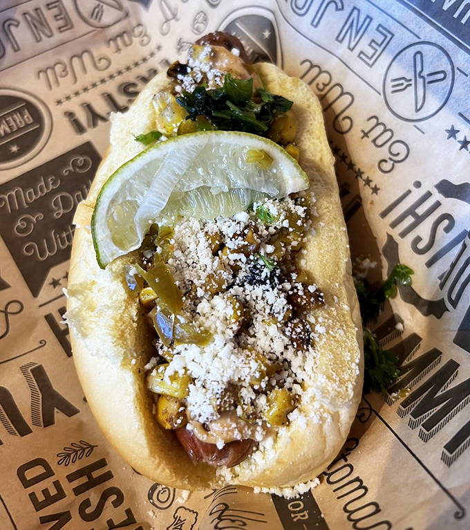 The Mexican Street Corn Hot Dog brings south-of-the-border flair to an American classic, creating a cross-cultural masterpiece.