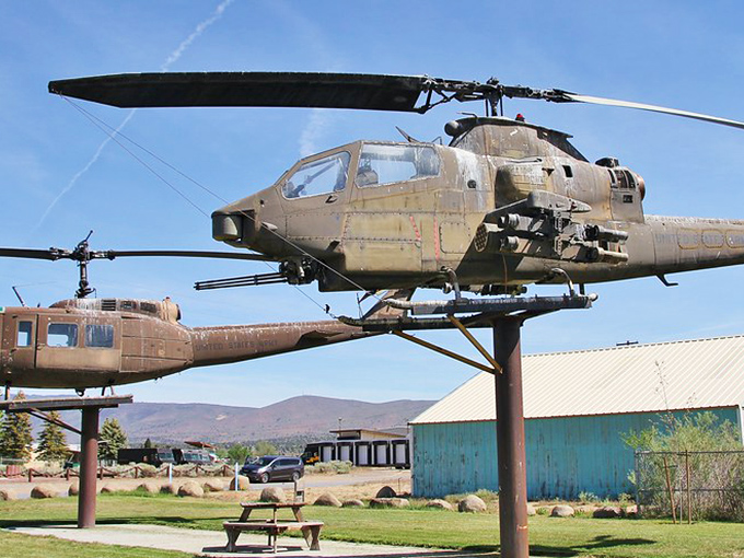 Military history on display without museum admission fees. These helicopters remind visitors of Lassen County's connection to America's service members.