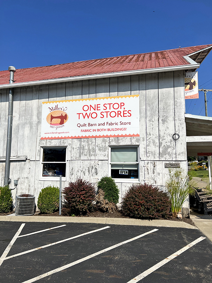 Miller's Dry Goods proudly announces its dual-store status &ndash; because in Charm, even the quilt and fabric shops understand the value of efficiency.