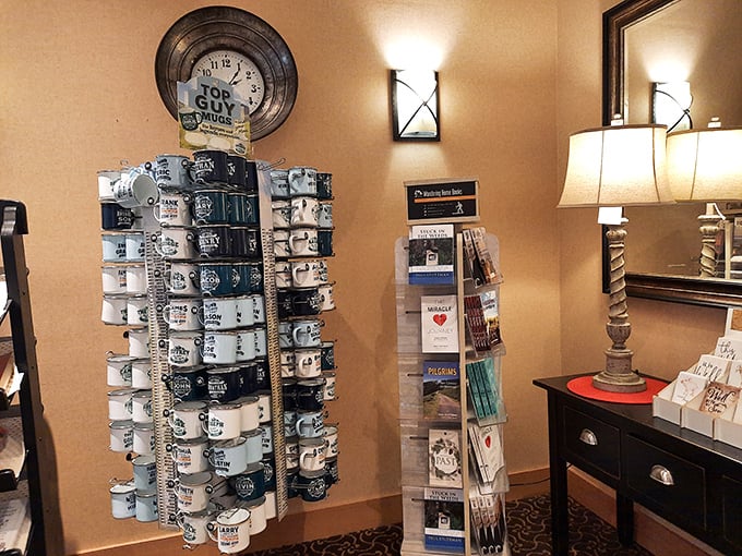 A gift shop that understands souvenirs should remind you of joy, not just places. Those mugs promise to make morning coffee taste better.