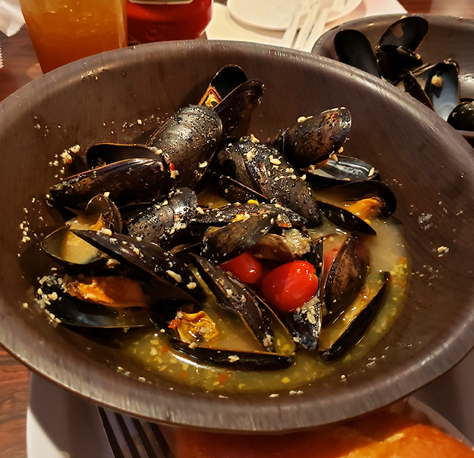 Mussels swimming in garlic butter like they're at an Italian spa day, and loving every minute.