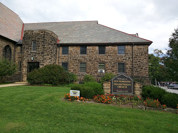 The stone facade of New Wilmington Presbyterian Church tells stories of faith and community that span generations.