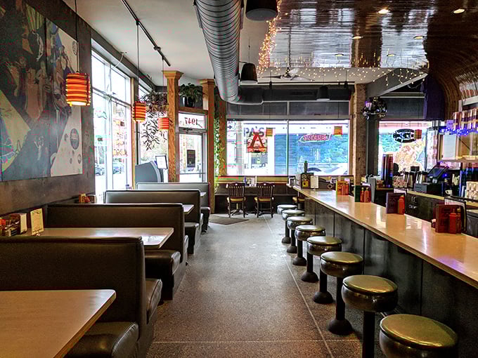 Classic diner meets neighborhood pub. The counter seating and booths offer different vantage points for the same delicious experience.