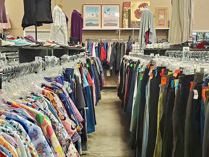 Clothing aisles stretching toward the horizon like a fashionista's yellow brick road. Follow it to find your next favorite outfit.