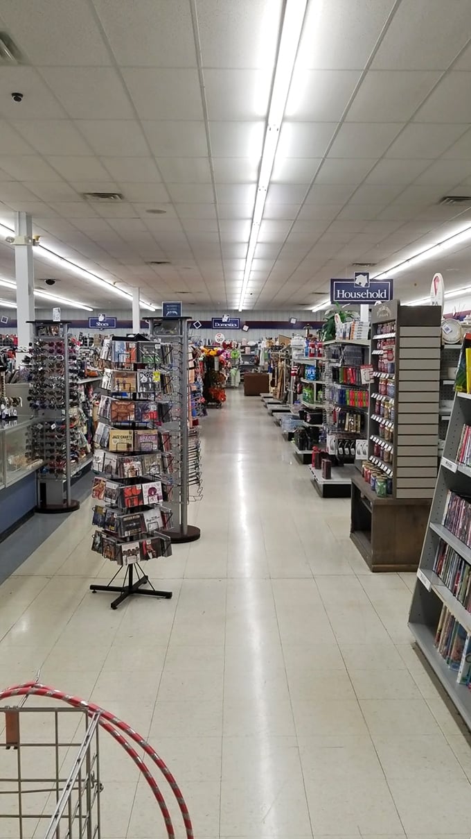 Clean, organized aisles make treasure hunting a pleasure rather than a chore. The "Household" sign points to domestic adventures.