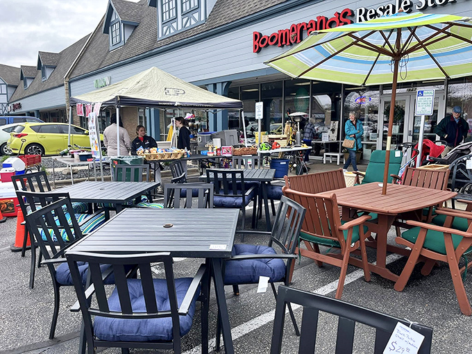Outdoor furniture waiting for its next backyard barbecue. These patio sets have weathered Wisconsin seasons and lived to tell about it.