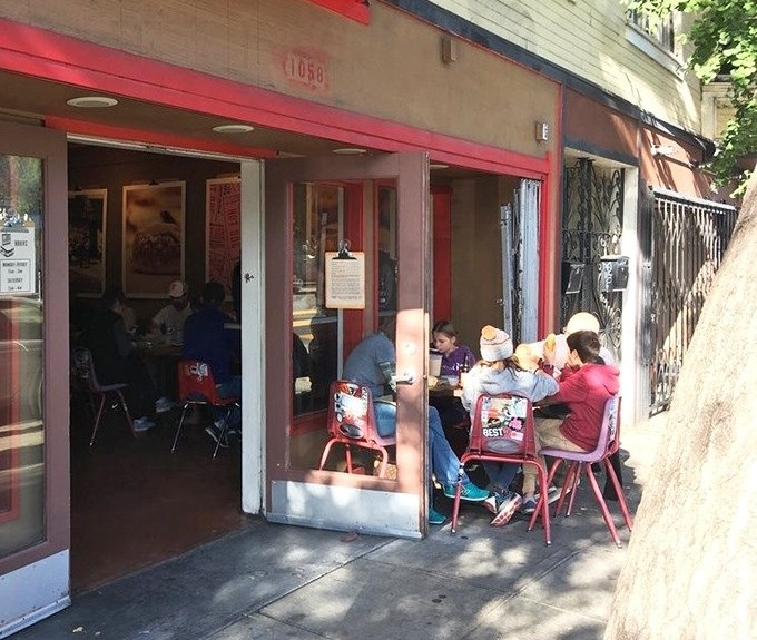 The outdoor seating area offers prime people-watching territory while you tackle your towering sandwich in the California sunshine.