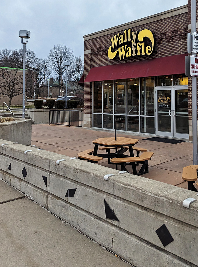 Even on a gray Ohio day, that yellow sign promises warmth inside&mdash;both from the friendly service and the hot waffles.