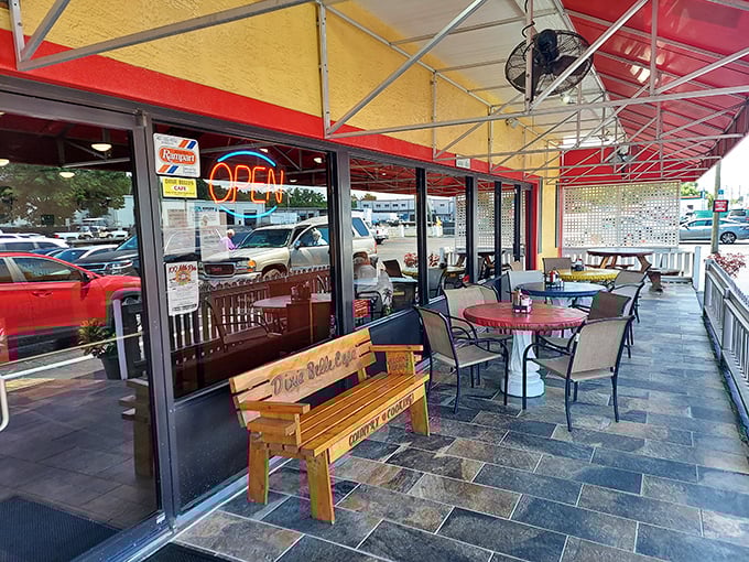 The outdoor seating area provides a perfect spot for people-watching while your taste buds have their own adventure with Southern comfort classics.