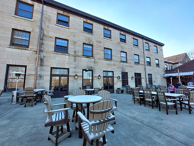 The Spring Mill Inn's limestone fa&ccedil;ade and inviting patio furniture promise rest and relaxation after a day of historical adventuring.