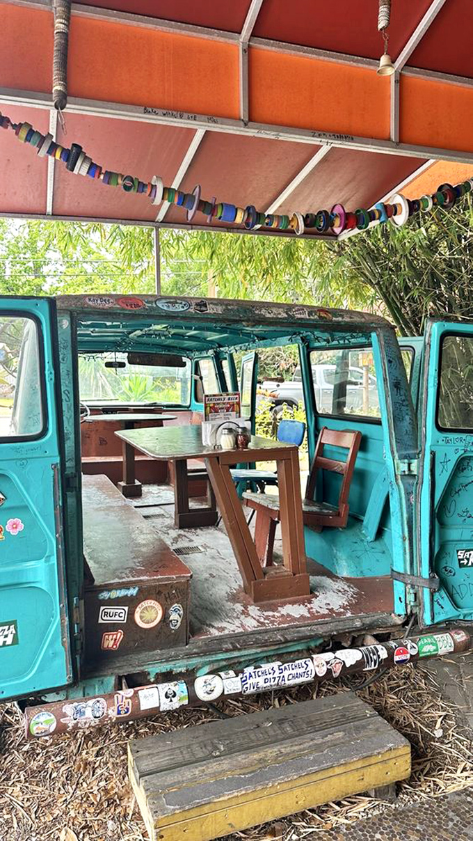 Even the outdoor dining setup embraces the wonderfully weird aesthetic that makes this place legendary.