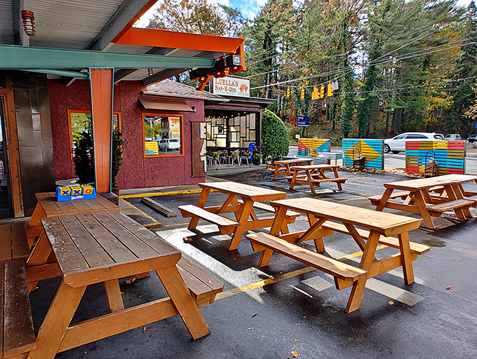 Picnic tables await beneath Carolina skies, because sometimes barbecue tastes even better with a side of fresh air.