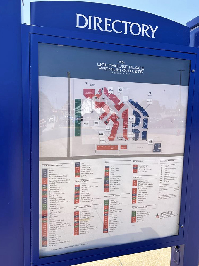 The mall directory: your treasure map to retail bliss. Study it like you're planning a heist, but with credit cards.