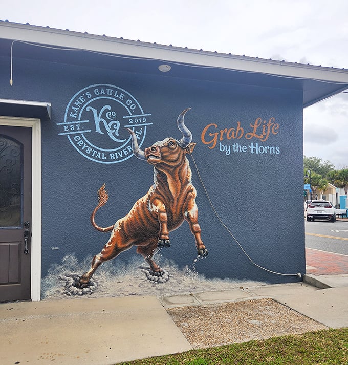 The exterior mural boldly proclaims "Grab Life by the Horns" &ndash; solid advice whether you're ordering steak or making life decisions.