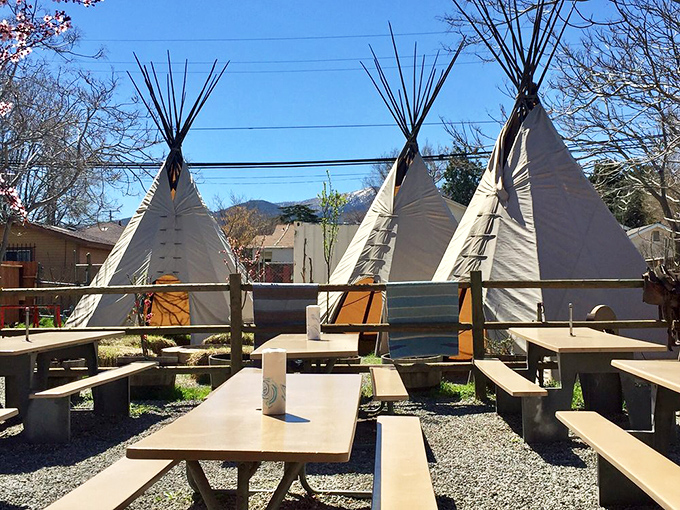 Outdoor dining with a twist&mdash;these teepees and picnic tables offer a uniquely Tehachapi experience for enjoying your BBQ under open skies.