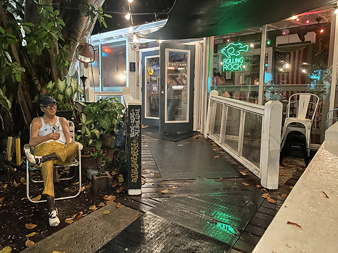 Owen's Fish Camp's quirky outdoor seating area feels like stumbling into the best backyard party in town, complete with twinkling lights.