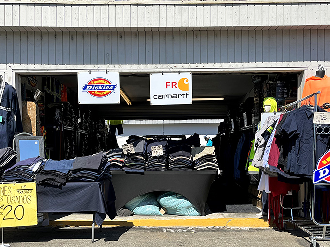 Workwear wonderland where Dickies and Carhartt reign supreme. The unofficial uniform of Southern California's working class hangs in orderly rows.