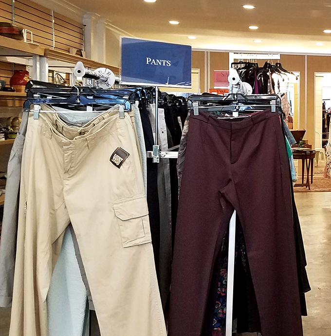 Pants purgatory or paradise? The sign doesn't lie—these are indeed pants, and they're waiting for their second chance at making someone look fantastic.
