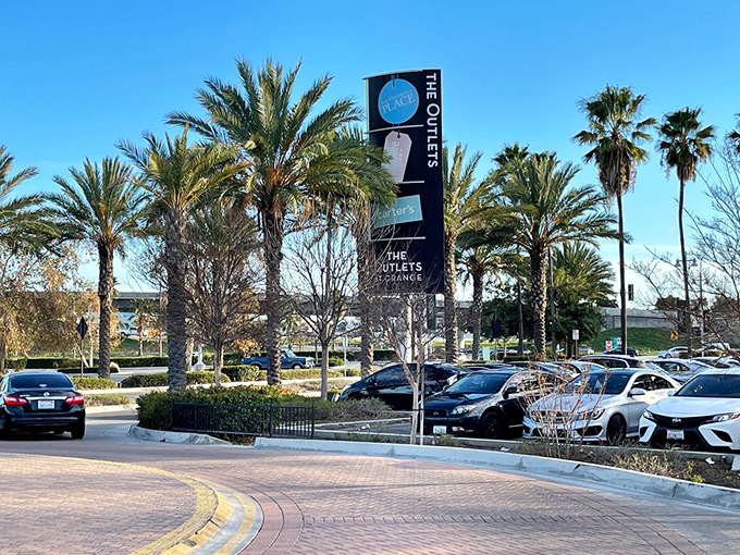 Palm trees frame the entrance sign, creating that quintessential Southern California vibe where shopping feels like a vacation activity.