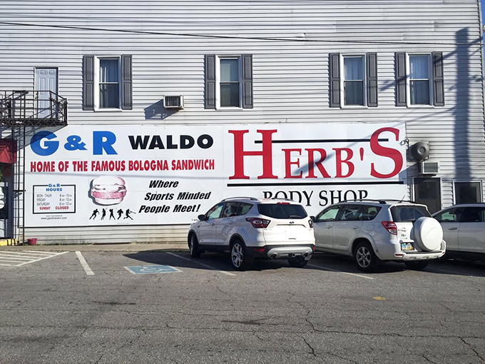 The side of the building proudly announces G & R's claim to fame&mdash;no marketing consultant needed when your bologna sandwich is legendary.