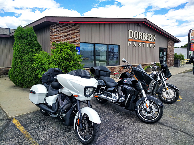 Even motorcyclists make the pilgrimage to Dobber's, proving these pasties have cult-like status among food enthusiasts.