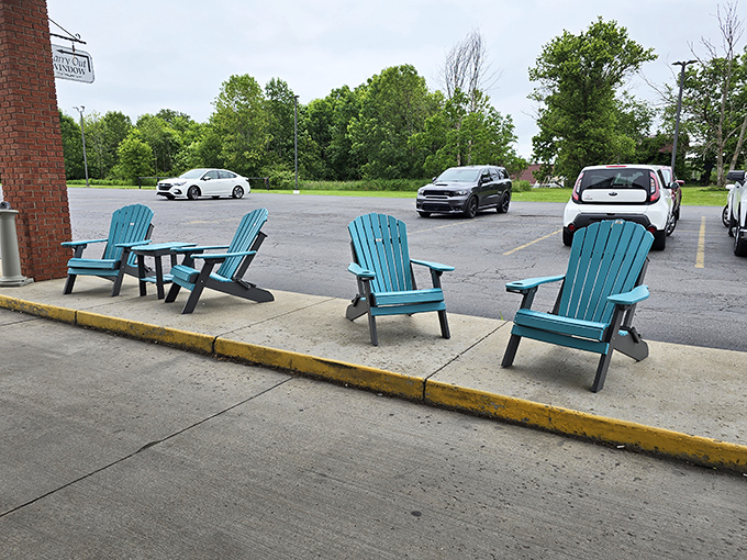 Those turquoise Adirondack chairs aren't just seating &ndash; they're recovery stations for when your food coma requires fresh air.