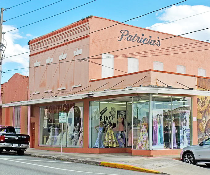 Patricia's salmon-colored façade houses formal wear dreams—because even in affordable Brooksville, everyone deserves to feel like a million bucks occasionally.