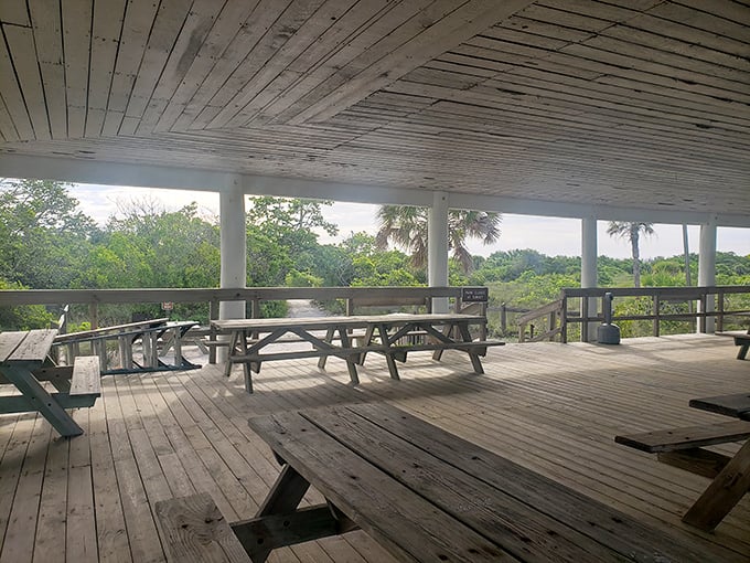This weathered picnic pavilion has witnessed countless family gatherings and sandwiches with that special ingredient&mdash;a sprinkle of beach sand.