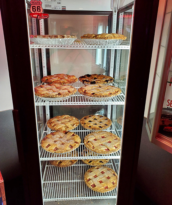 The pie display case—a glass-fronted temple of temptation where willpower goes to die a delicious, flaky death.