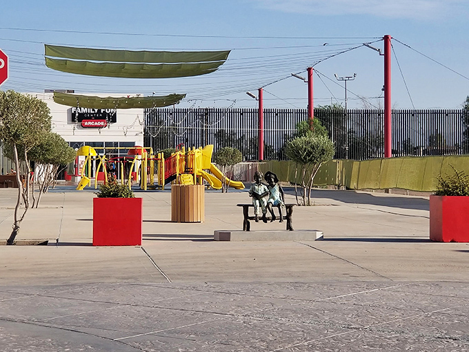 This playground oasis offers children a chance to burn energy while parents debate whether they really need that fifth shopping bag.