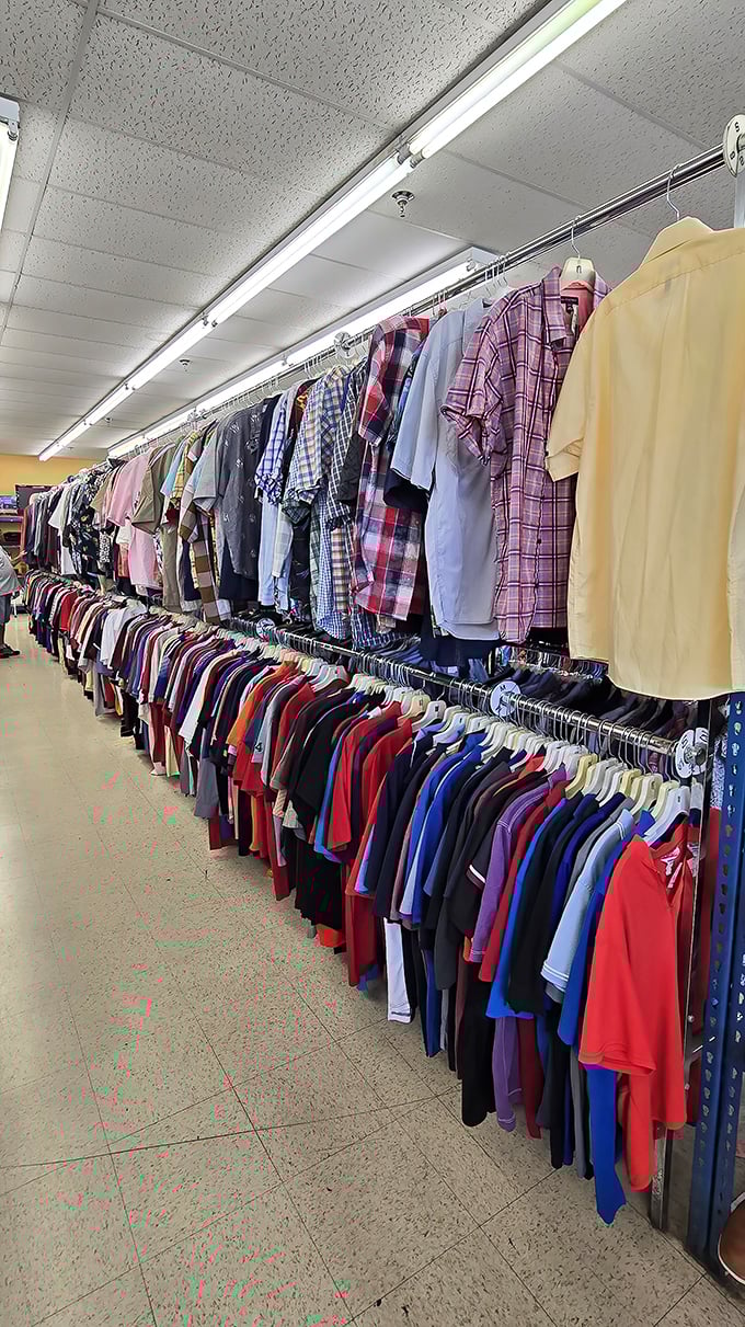 The shirt section&mdash;organized with military precision. Finding your size is less treasure hunt, more "grab and go" efficiency.