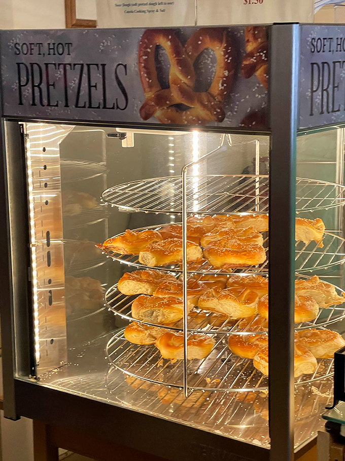 The warm glow of the pretzel display case&mdash;a beacon of hope for the hungry and a showcase of perfectly twisted, golden-brown craftsmanship.