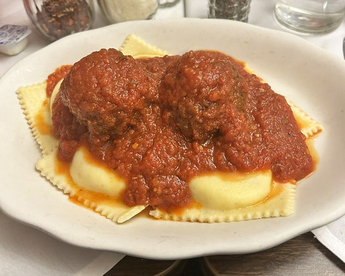 Ravioli and meatballs&mdash;the dynamic duo of comfort food. Those pillows of pasta look ready to float away if not anchored by that hearty sauce.