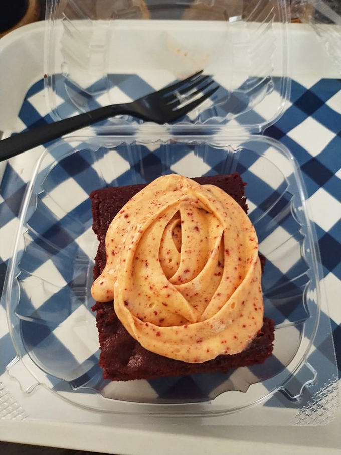 Red velvet cake with cream cheese frosting that's dressed for a night out. Dessert that's worth saving room for&mdash;or ordering first.