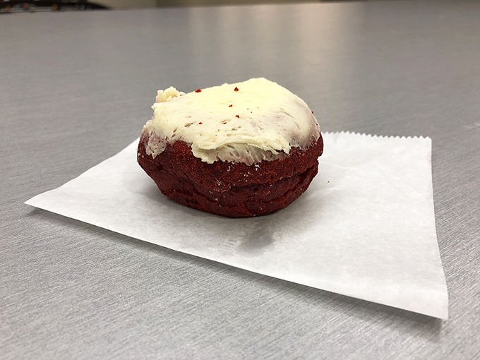 The red velvet donut with cream cheese frosting&mdash;proof that sometimes the universe does actually want you to be happy.