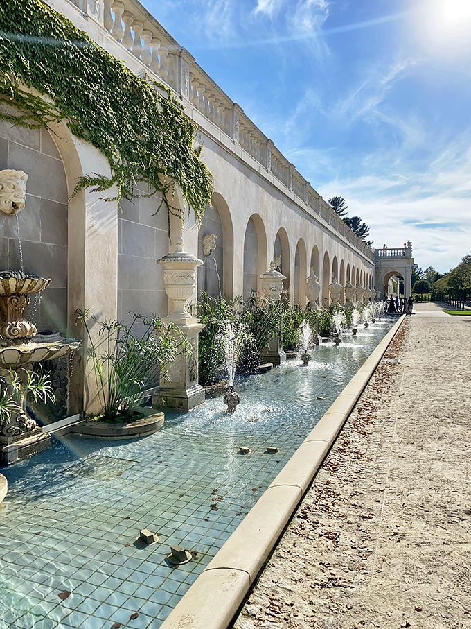 A wall of fountains that makes your bathroom shower pressure seem deeply inadequate. Renaissance-inspired elegance with modern hydraulic muscle.