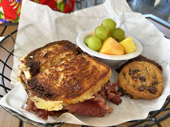 The Reuben that bridges lunch and breakfast, proving that great sandwiches don't follow conventional meal timing rules.