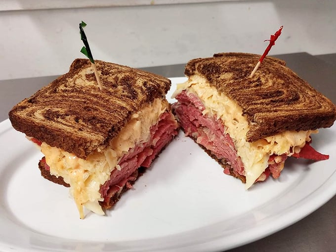 A Reuben sandwich that deserves its own highway sign. The marble rye provides the perfect stage for this meat and cheese performance.