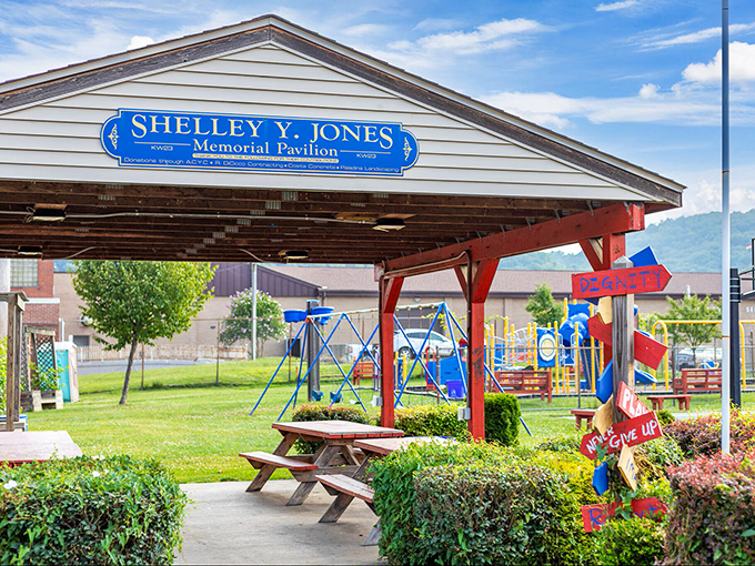 Shelley Jones Memorial Pavilion provides the perfect spot for community gatherings, where grandkids can play while you enjoy the mountain views.