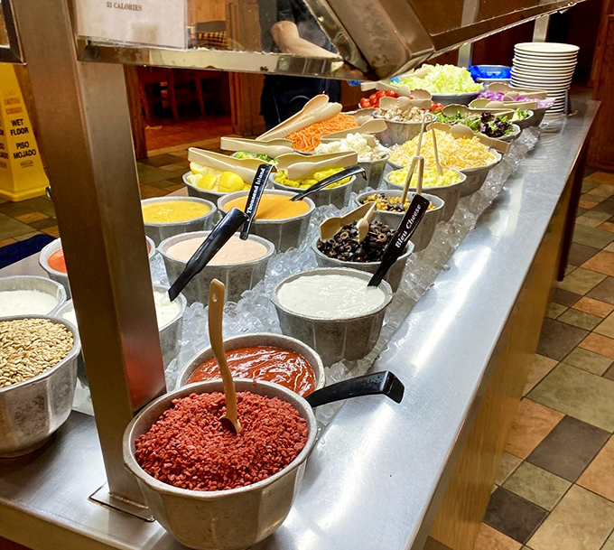 The salad bar&mdash;where good intentions go to die beneath ladles of ranch dressing and bacon bits.