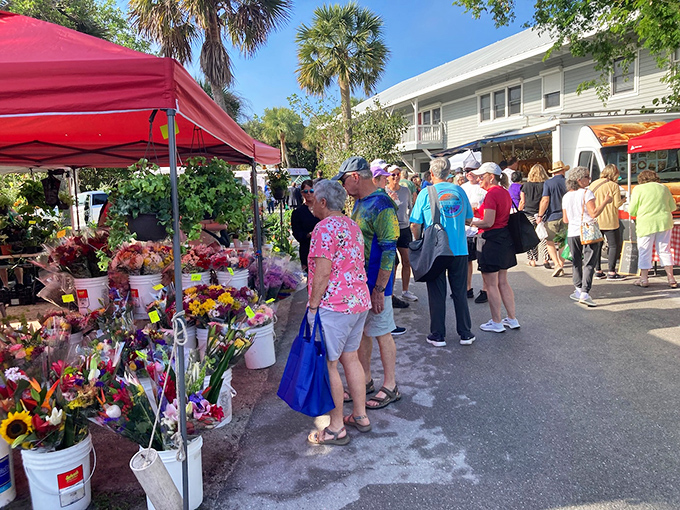 The farmers market blooms with tropical flowers so vibrant they make regular bouquets look like they need vitamins. Florida sunshine in vase form.