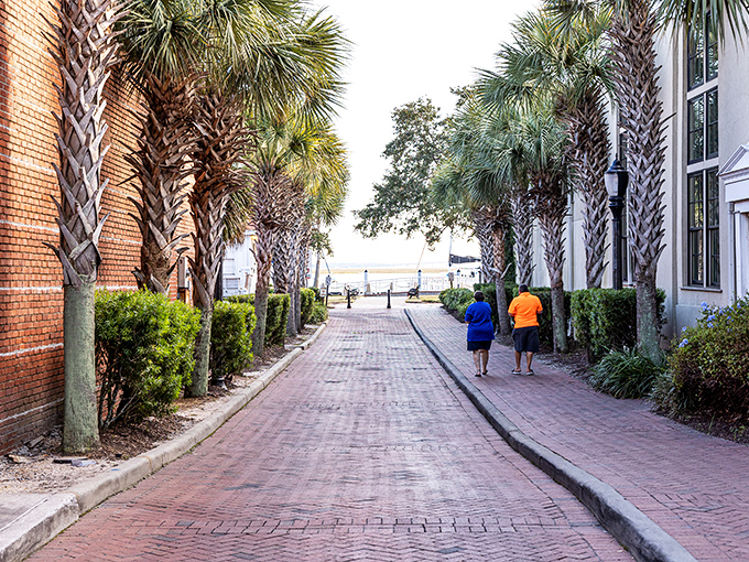 Brick pathways lined with palms lead visitors toward the waterfront. A scene that makes you want to slow your pace and breathe deeper.