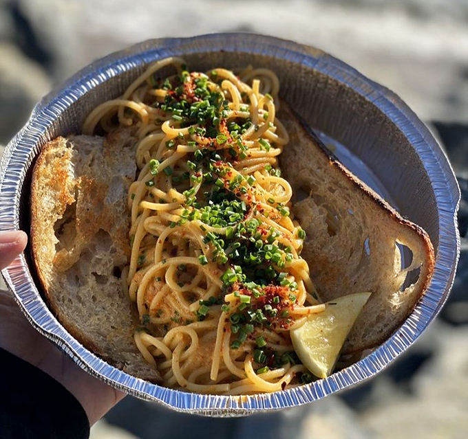 Sea urchin spaghetti served in unpretentious aluminum&mdash;a dish that proves luxury ingredients don't need fancy plateware when the flavors are this symphonic and satisfying.