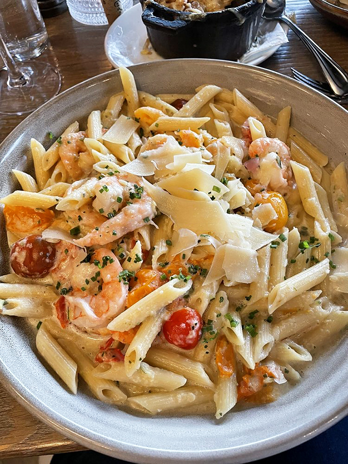Pasta that doesn't just sit on the plate &ndash; it performs. Those shrimp look like they're doing a delicious synchronized swimming routine.