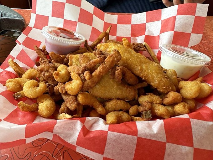 This seafood basket isn't just fried goodness&mdash;it's a golden-brown treasure chest of crispy delights that Captain Hook would gladly sacrifice his other hand for.
