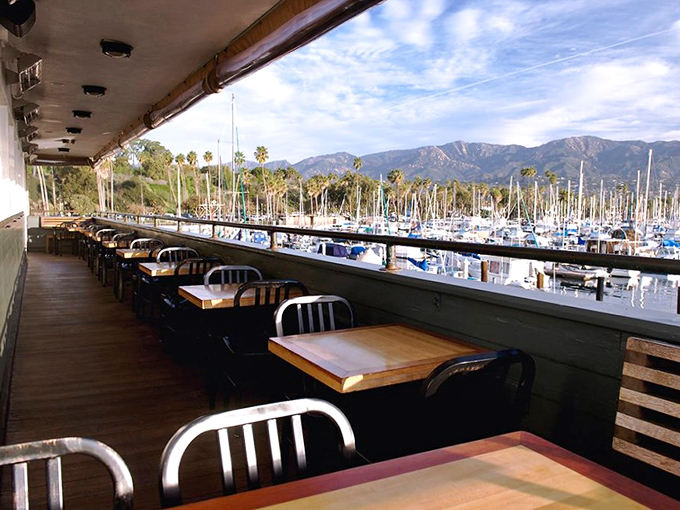 Dining with a view that outshines any five-star decor. These simple tables offer front-row seats to Santa Barbara's postcard-perfect harbor panorama.