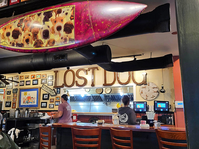 The "LOST DOG" sign presides over the kitchen pass&mdash;a beacon guiding hungry souls to breakfast salvation.