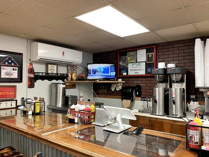 Sweet tea dispensers standing at attention like sentinels guarding the perfect barbecue companion &ndash; cold, sweet, and ready to refresh.