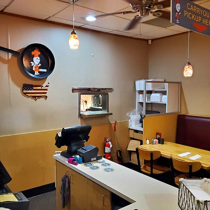 The chef logo watches approvingly as diners enjoy meals that would make any breakfast enthusiast weak in the knees.